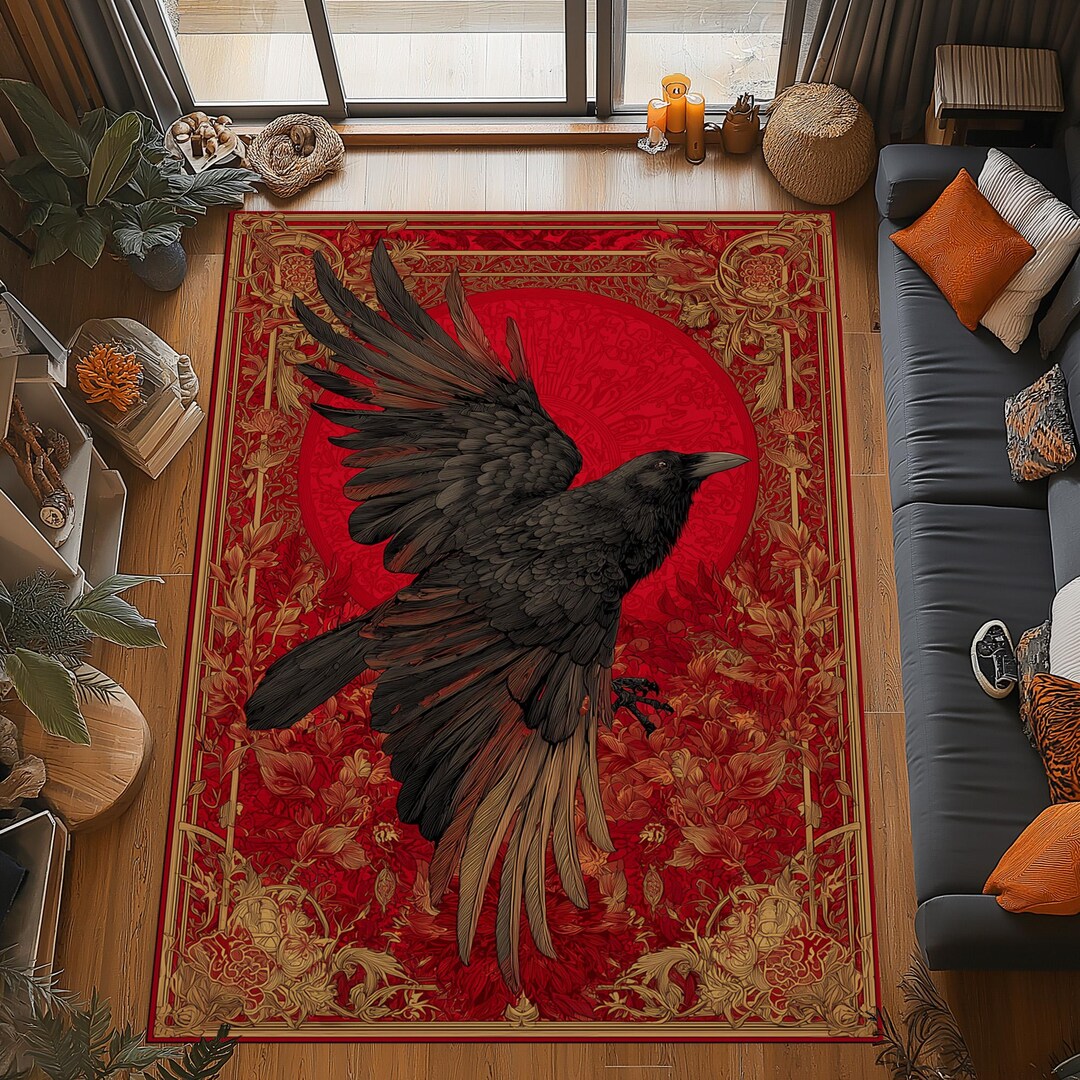 Crimson Raven Rug: Gothic Flying Bird Carpet, Black Red Gold Floral ...