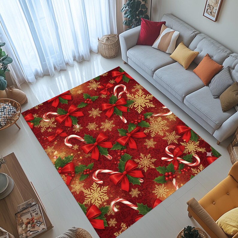 Christmas Candy Cane Rug: Red Gold Pattern, Festive Holly Bow Design ...