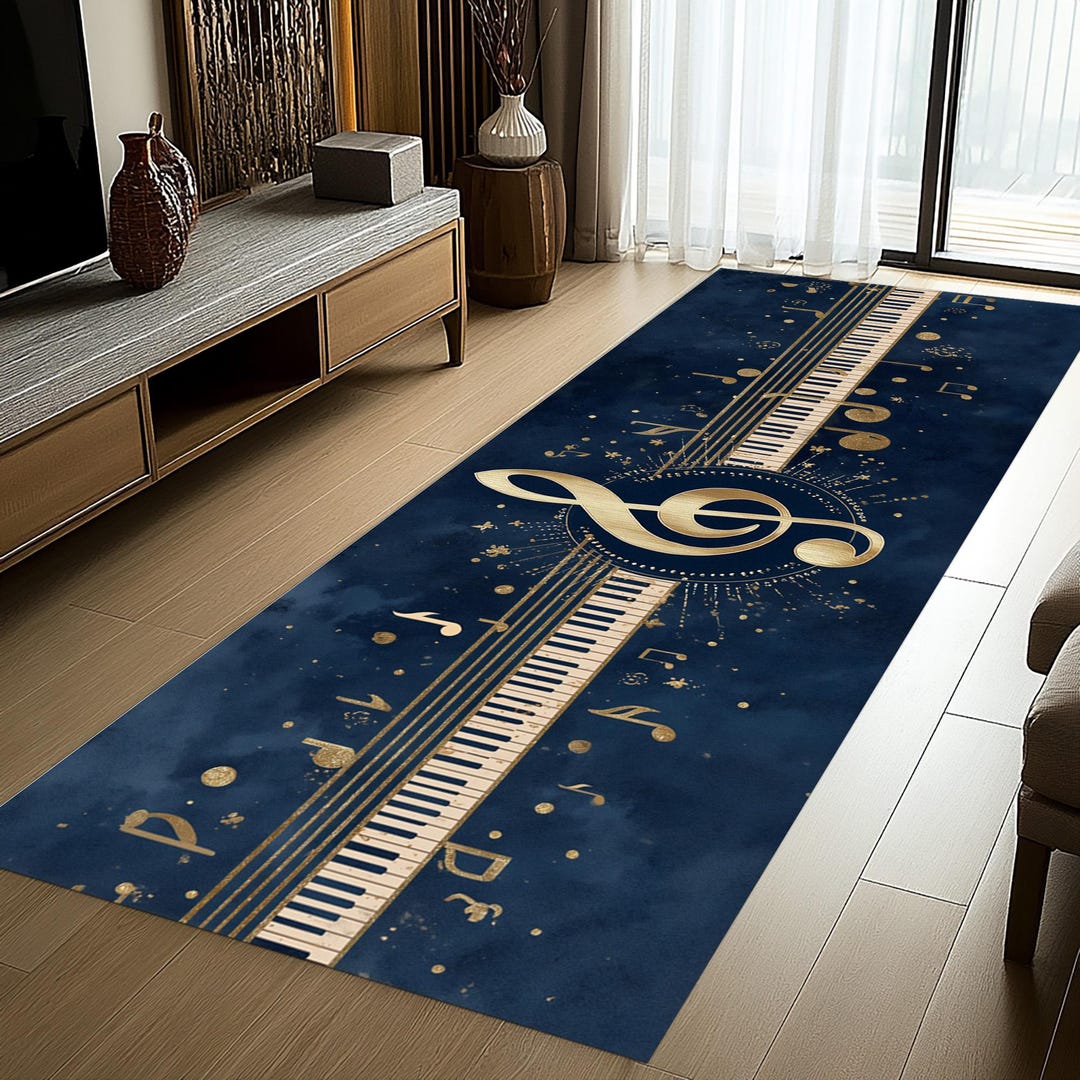 Music Piano Runner Rug: Blue Gold Design, Elegant Keyboard Notes ...