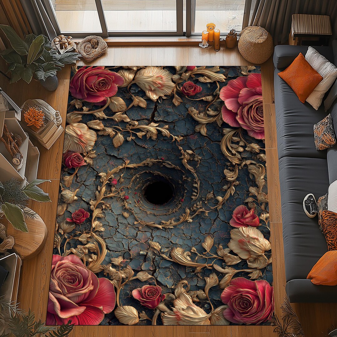 Crimson Abyss Floral Vortex Rug: Red Gold Roses ,cracked Earth,baroque ...