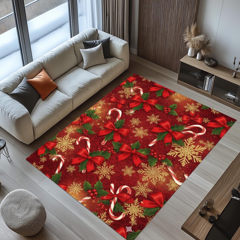 Christmas Candy Cane Rug: Red Gold Pattern, Festive Holly Bow Design ...