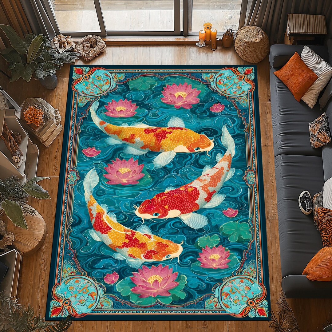 Koi Fish Rug: Blue Water Lotus Design, Golden Orange Carp Pattern ...