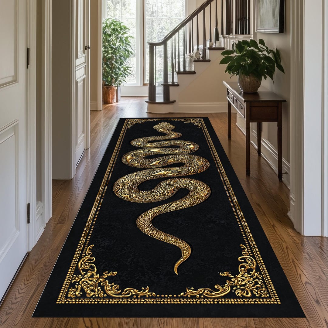Golden Snake Runner Rug: Ornate Serpent Pattern, Gold Black Wildlife ...