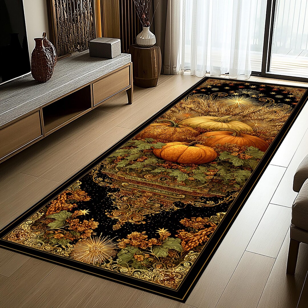 Harvest Pumpkin Runner: Golden Starfield Design, Autumn Wheat Pattern ...