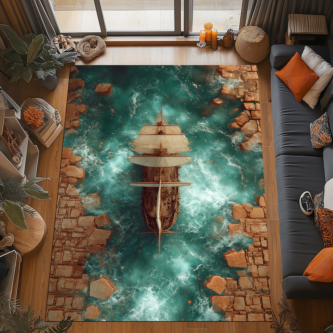 Pirate Ship Rug: Ocean Wave Design, Sailing Vessel Scene, Turquoise ...