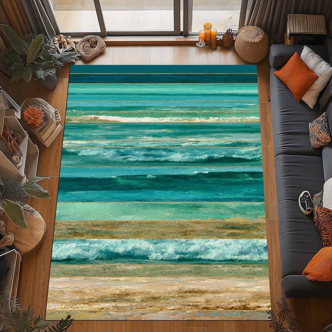 Ocean Waves Rug: Turquoise Sea Layers Design, Tranquil Coastal Blue ...