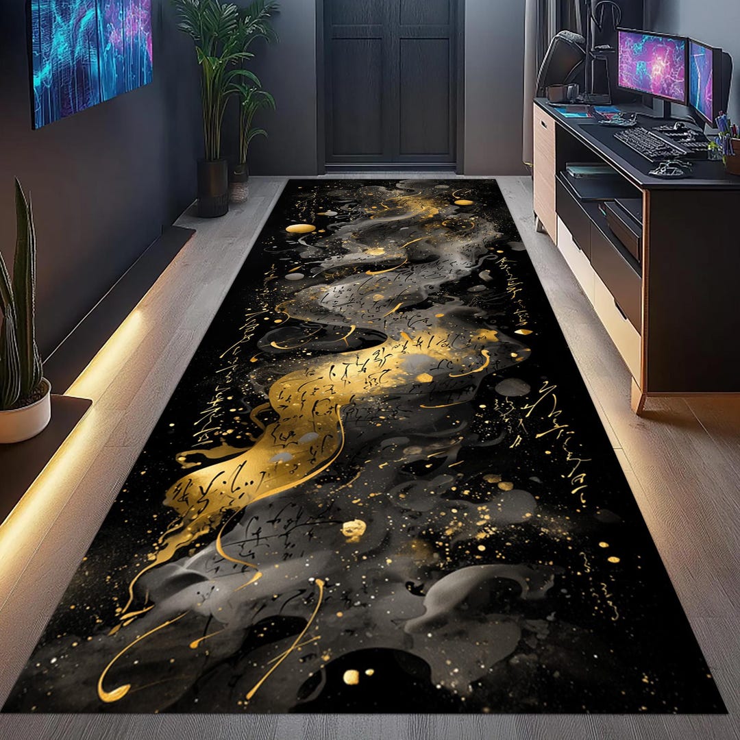 Abstract Gold Black Runner Rug: Elegant Luxury Design, Golden ...