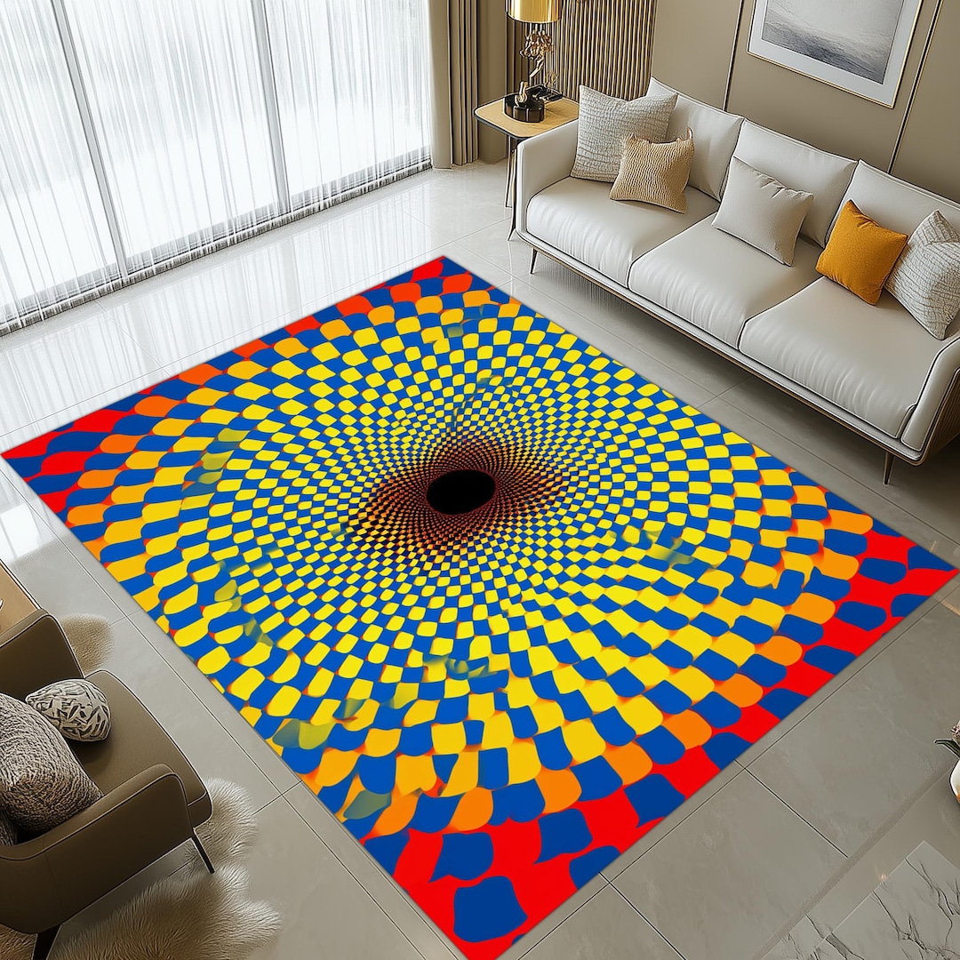 Optical Illusion Rug: Blue Yellow Spiral Design, Hypnotic Tunnel ...