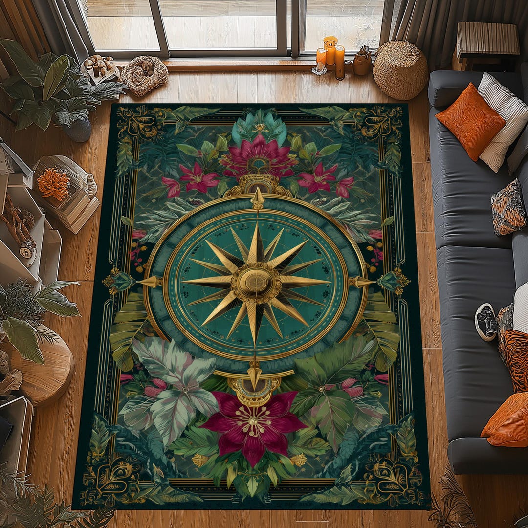 Compass Rose Rug: Gold Nautical Design, Emerald Botanical Frame, Luxury ...