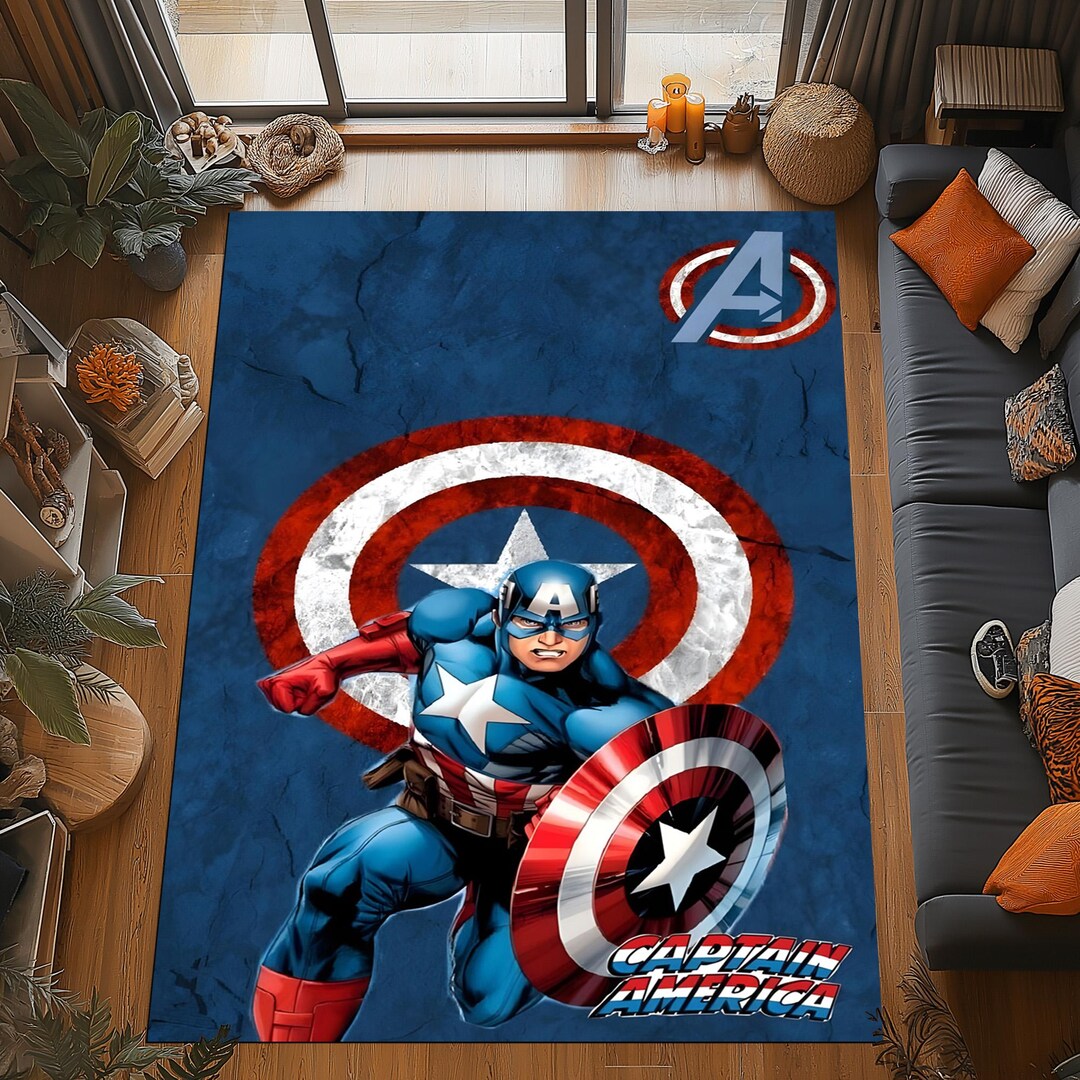Captain America Rug: Blue Red Shield Design, Heroic Star Pattern ...