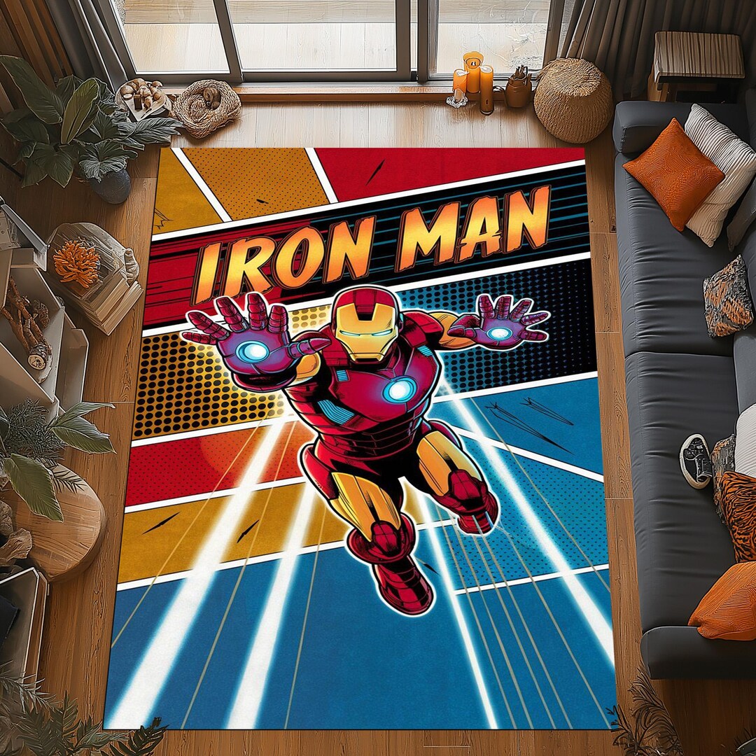 Ironman Rug: Red Gold Armor Flight Scene, Futuristic Comic Hero Design ...