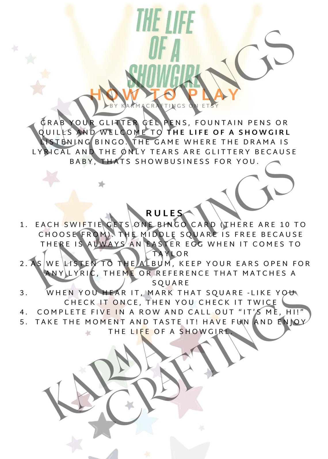 The Life of a Showgirl Bingo - 10 Printable Cards - Party Game ...