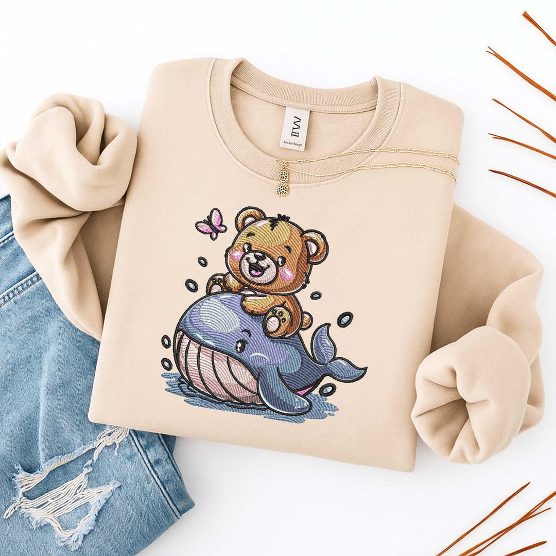 Teddy Bear and Whale Embroidery Design, Cute Cartoon Animal Friends ...
