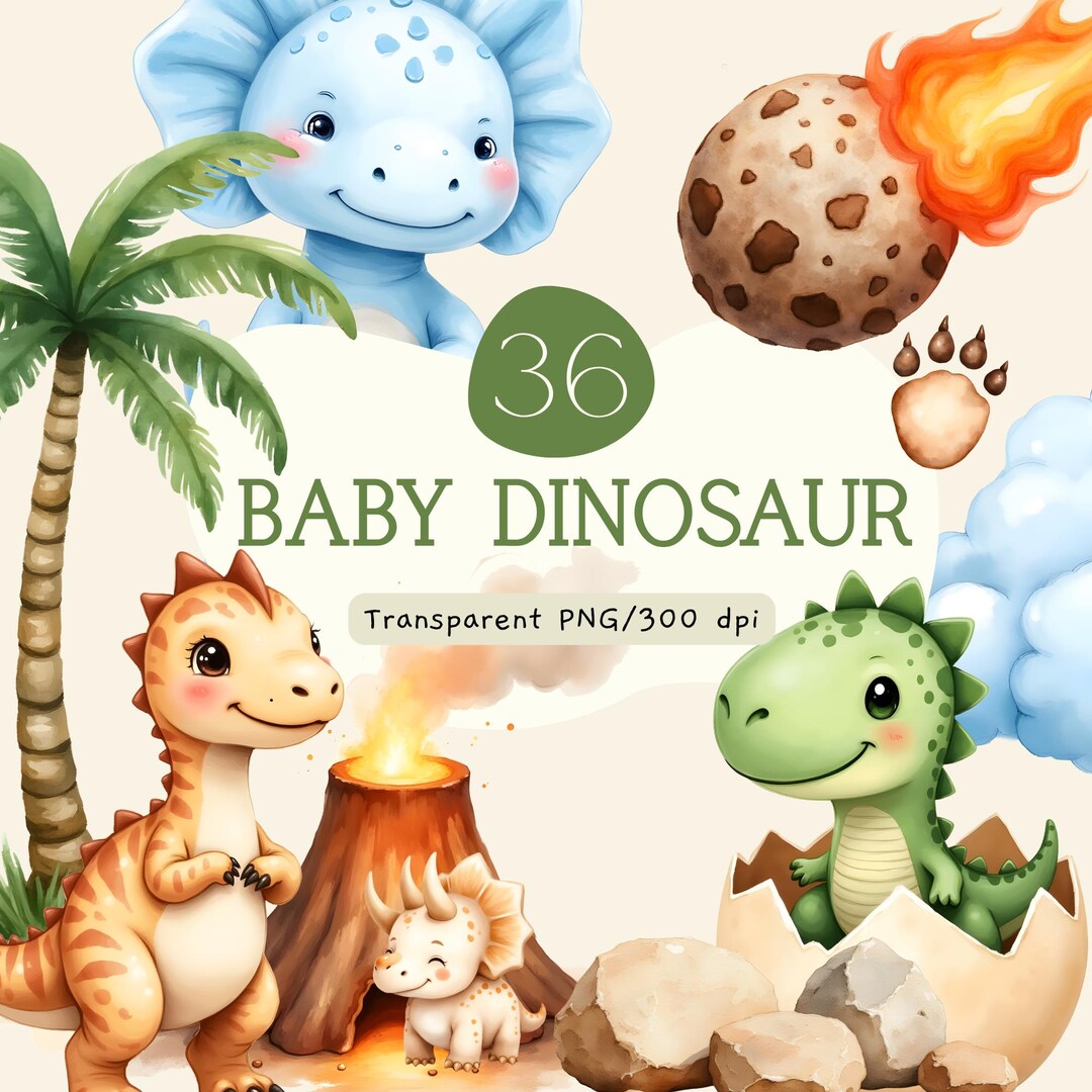 Baby Dinosaur Clipart, Watercolor PNG, Nursery Art, Birthday Invitation ...