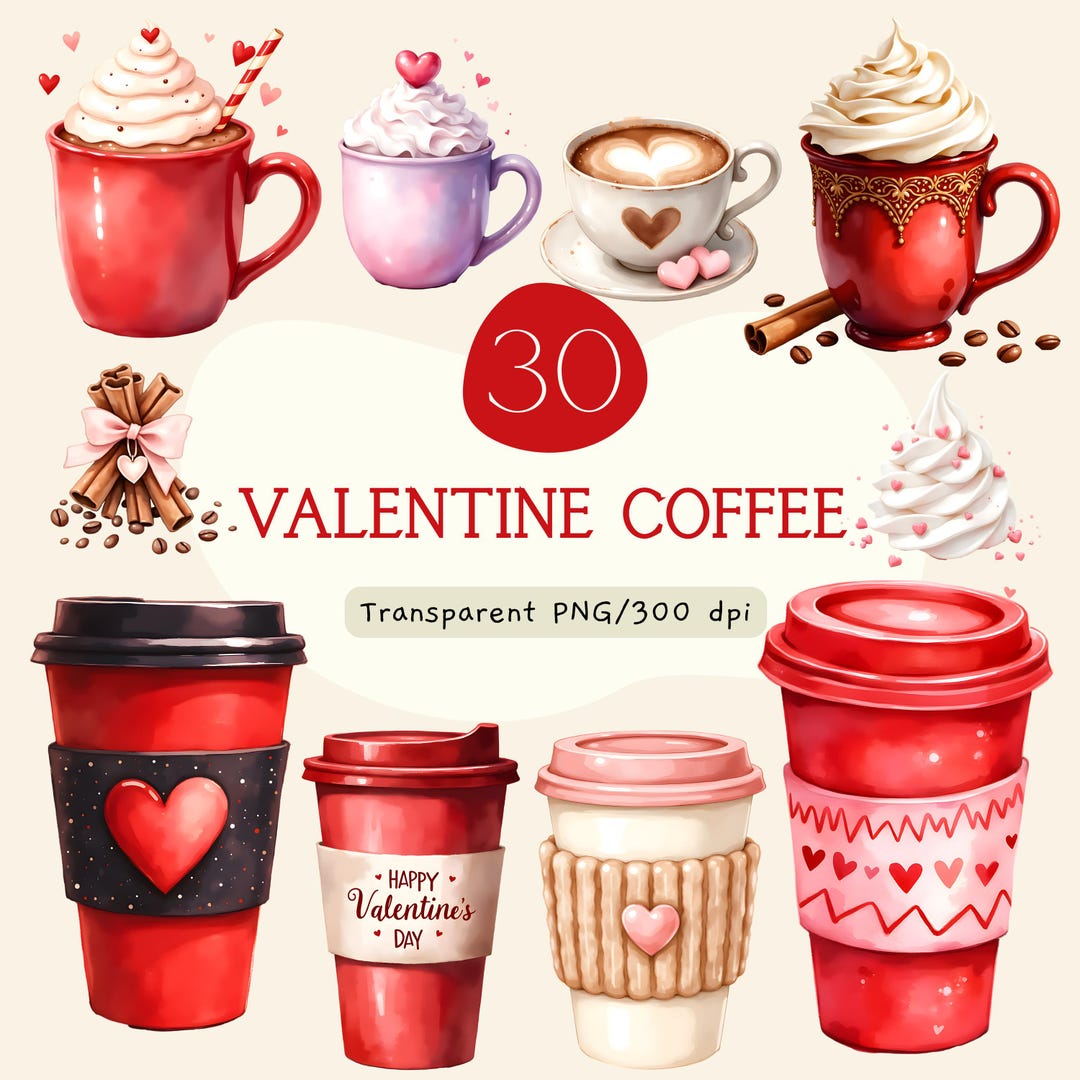 Valentine Coffee Mug Clipart, Watercolor Latte Graphics (digital ...