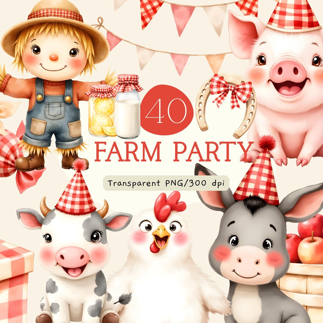 Farm Birthday Clipart, Barnyard Birthday PNG, Kids Party Clipart, Cute ...