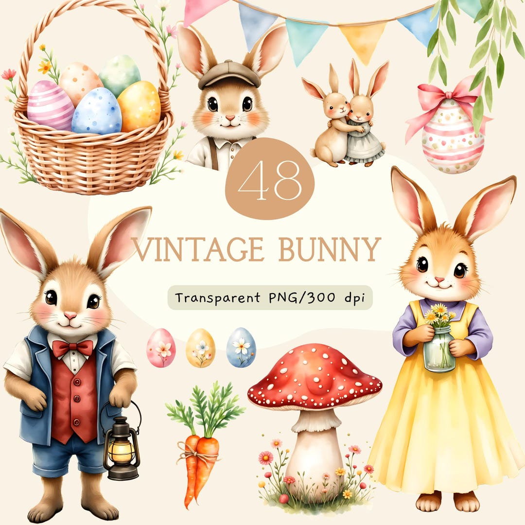 Vintage Bunny Watercolor Clipart, Easter Rabbit PNG, Botanical ...
