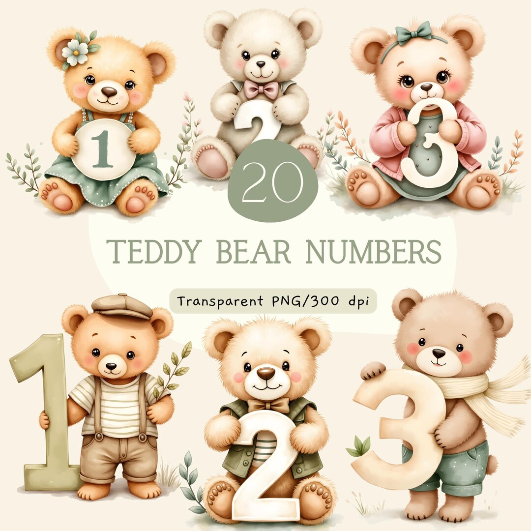 Teddy Bear Numbers Clipart, Watercolor Birthday Numerals PNG, 1st ...