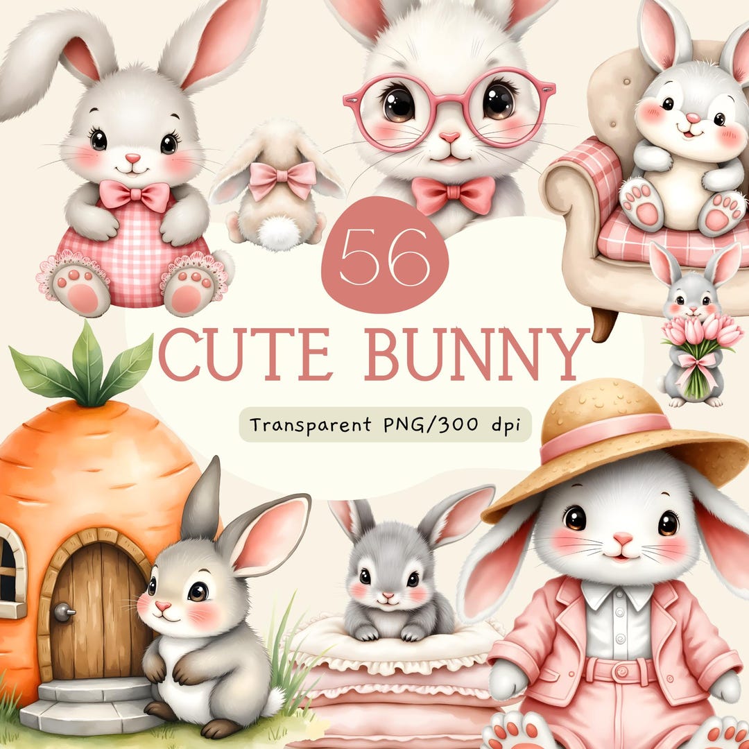 Watercolor Bunny Clipart Bundle, Pink Cottagecore Rabbits, Spring ...