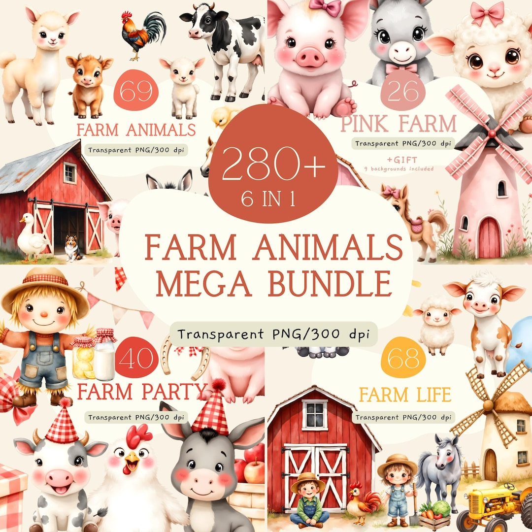 Farm Animals Mega Bundle, Watercolor Farm Clipart PNG, Nursery Prints ...