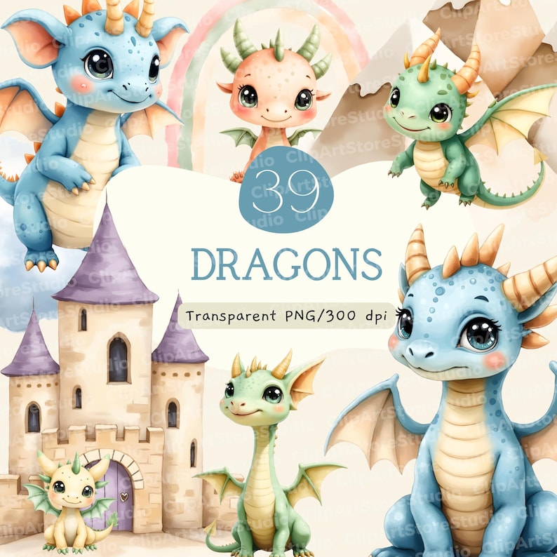 Dragons Mega Bundle, Watercolor Clipart PNG, Fantasy Nursery Art ...