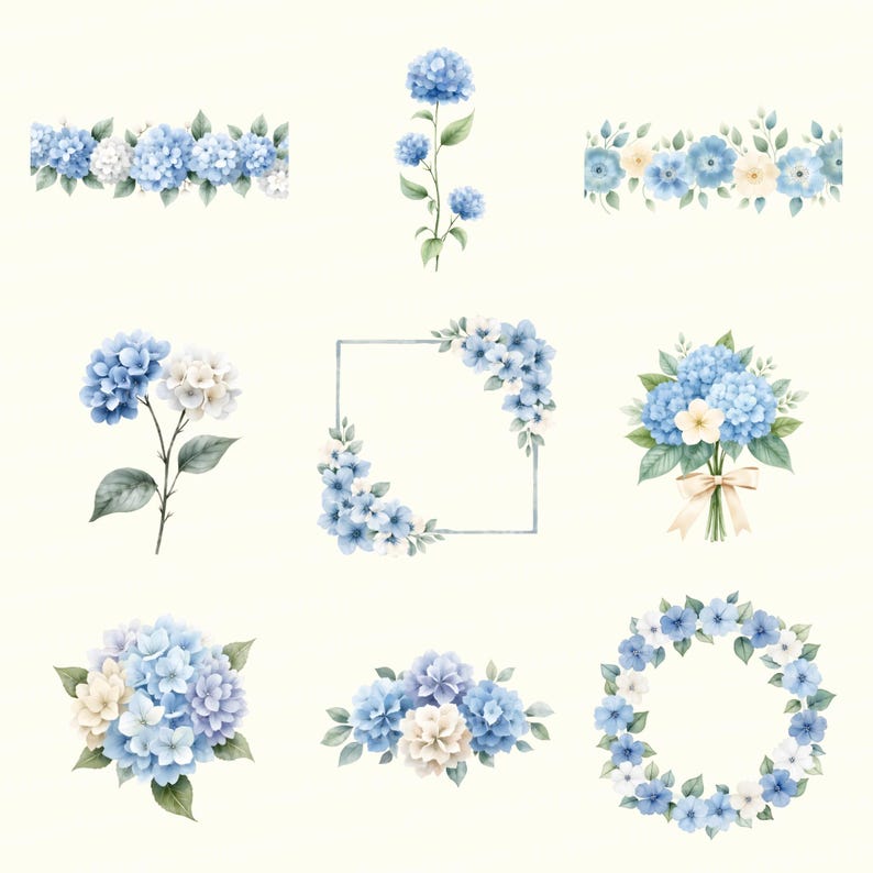 Blue Hydrangea Watercolor Clipart, Botanical Flower Graphics (digital ...