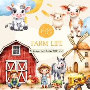 Farm Animals Mega Bundle, Watercolor Farm Clipart PNG, Nursery Prints ...