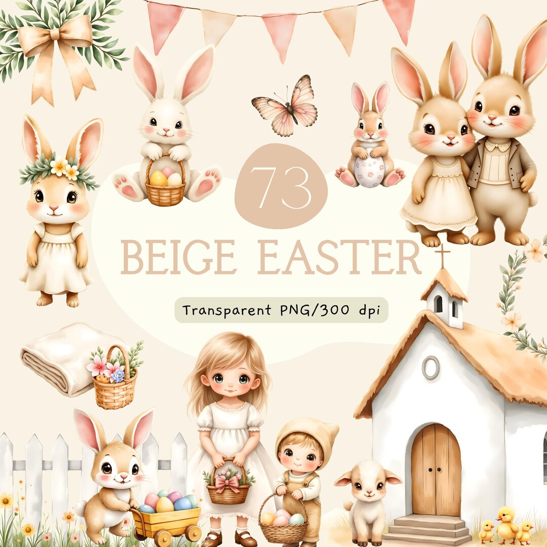 Beige Easter Watercolor Clipart Set, Neutral Boho Bunny & Eggs PNG ...
