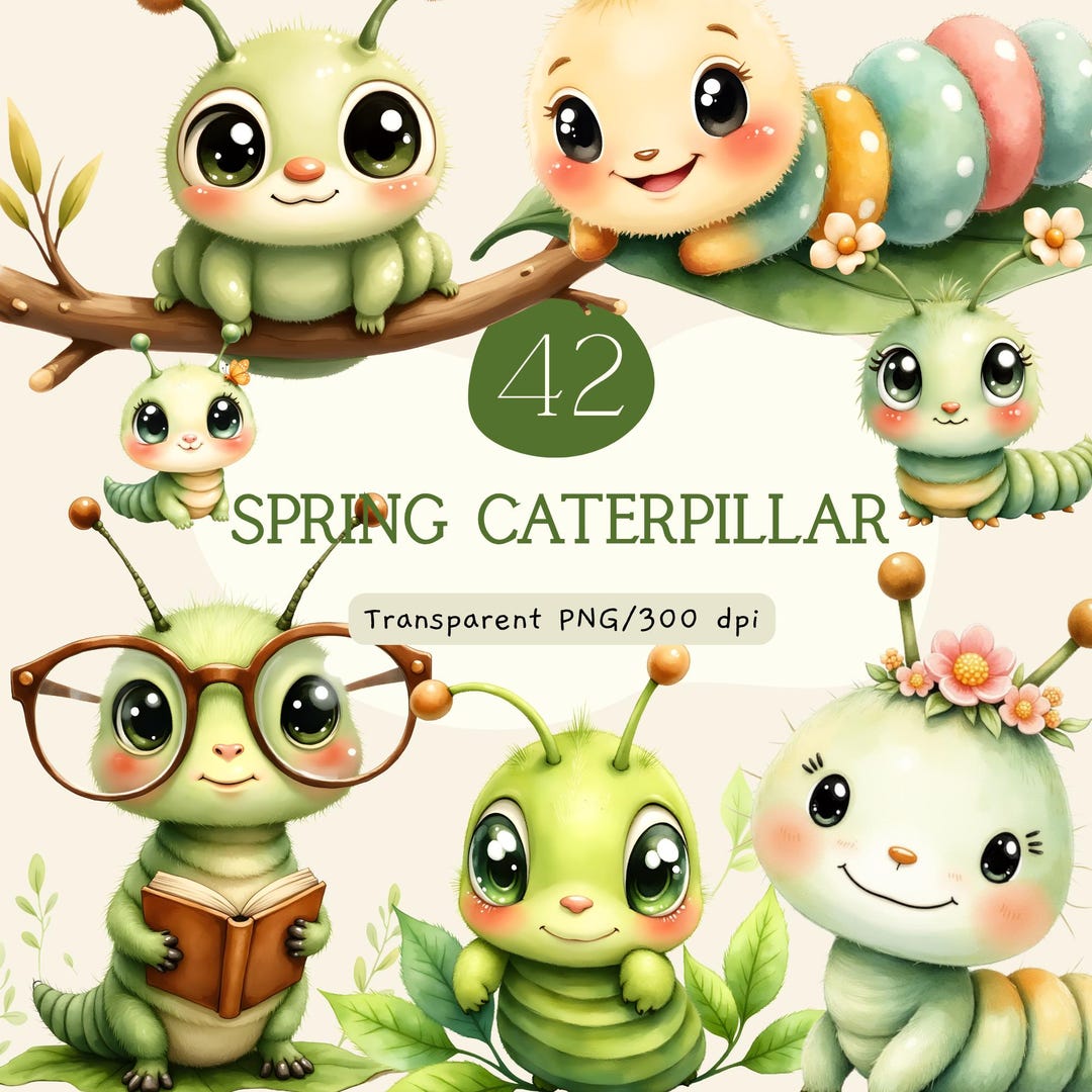 Spring Caterpillar Watercolor Clipart, Floral Insect Graphics (digital ...