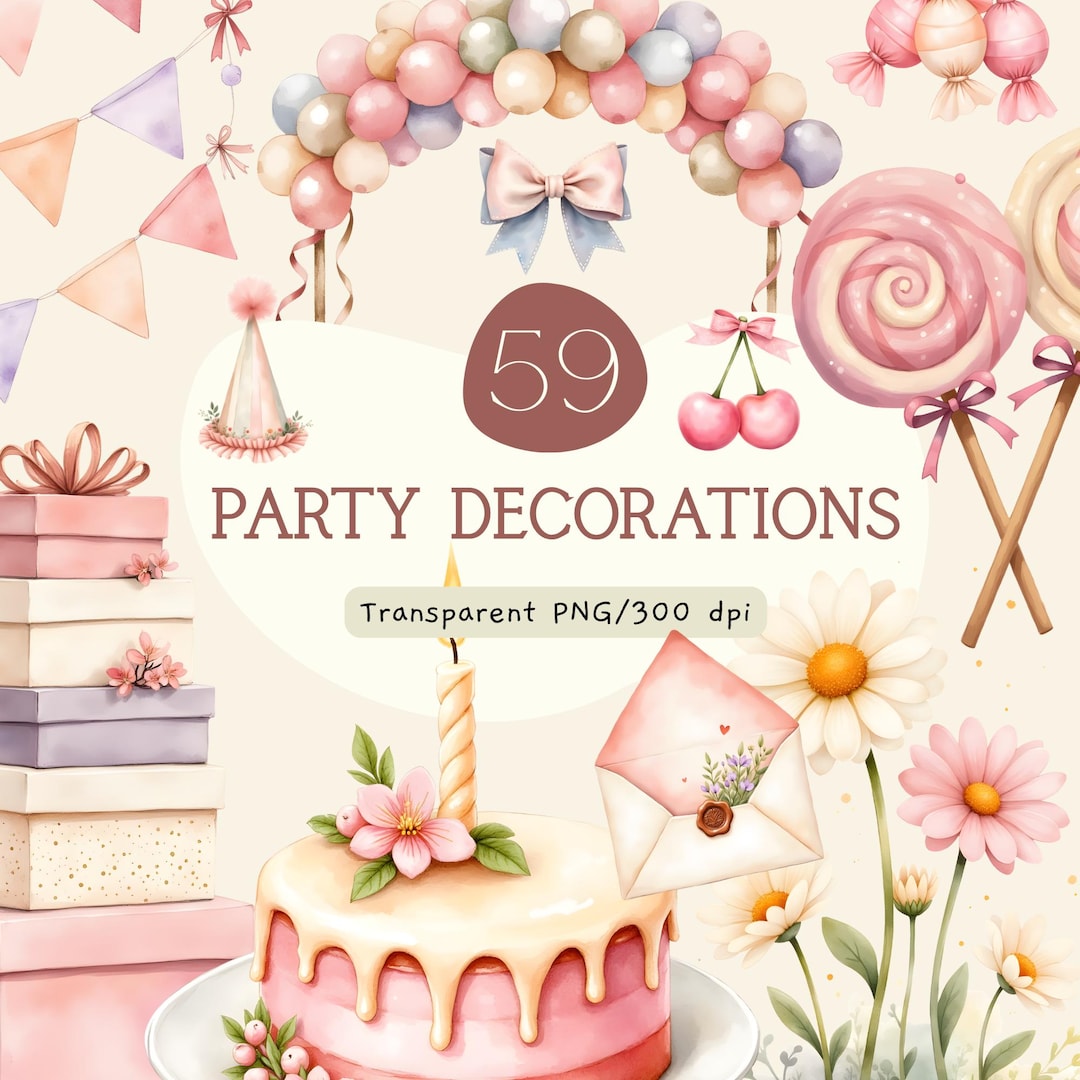 Watercolor Pastel Birthday Clipart Bundle, Party Graphics (digital ...