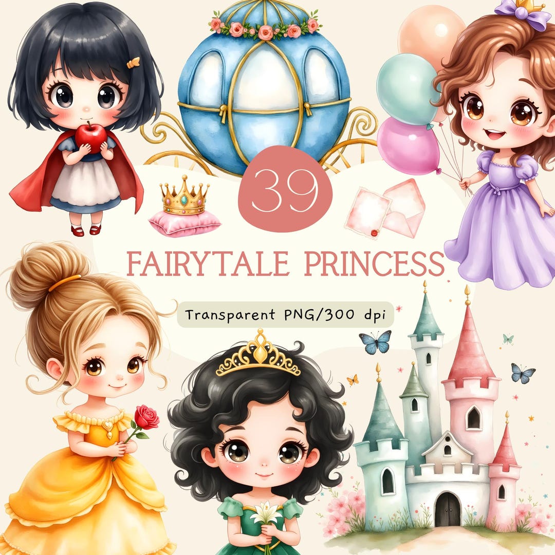 Fairytale Princess Clipart, Magical Princess Illustration, 39 PNG ...