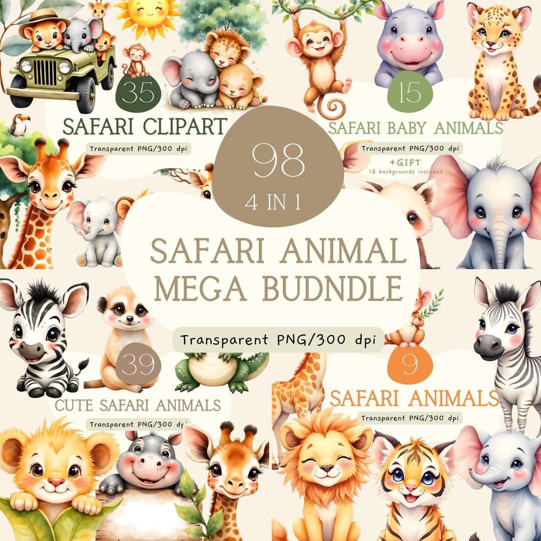 98+ Safari Animals Clipart Mega Bundle, Watercolor Jungle PNG Set, Baby ...