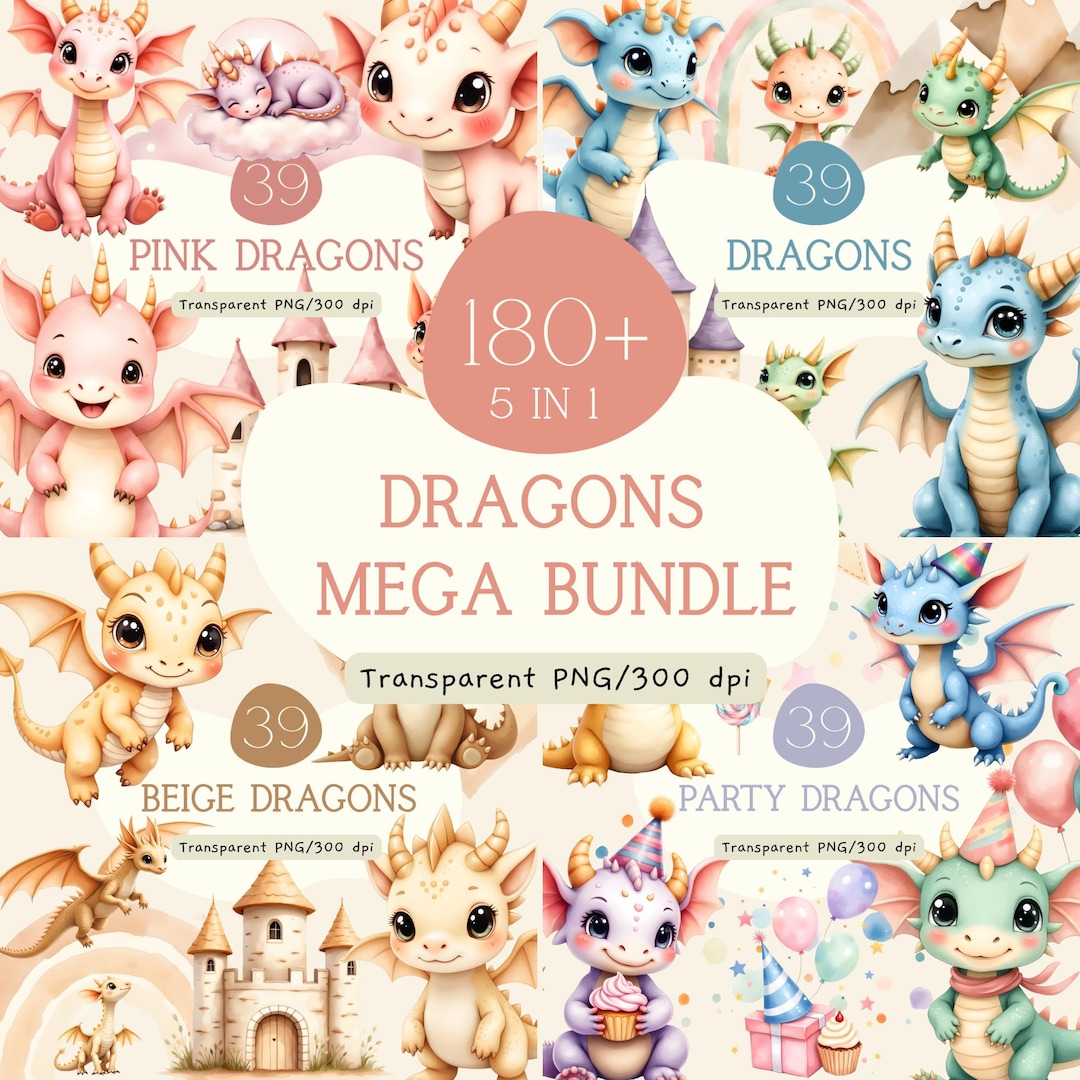 Dragons Mega Bundle, Watercolor Clipart PNG, Fantasy Nursery Art ...