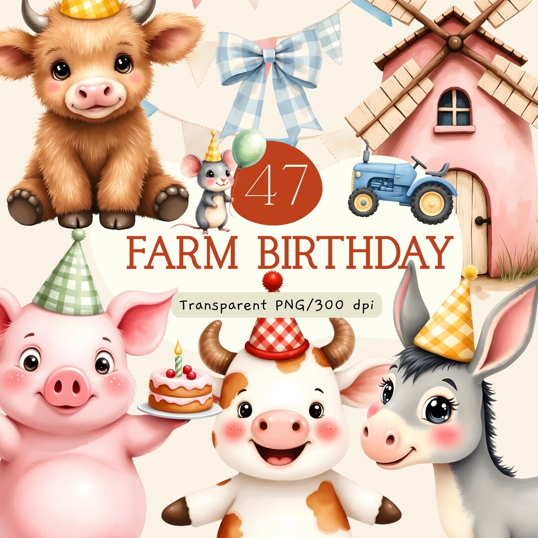 Farm Birthday Clipart, Watercolor Barnyard Animals PNG (digital ...