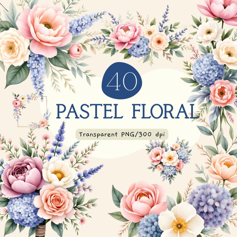 Pastel Floral Clipart Bundle, Soft Watercolor Blooms, Instant Download ...