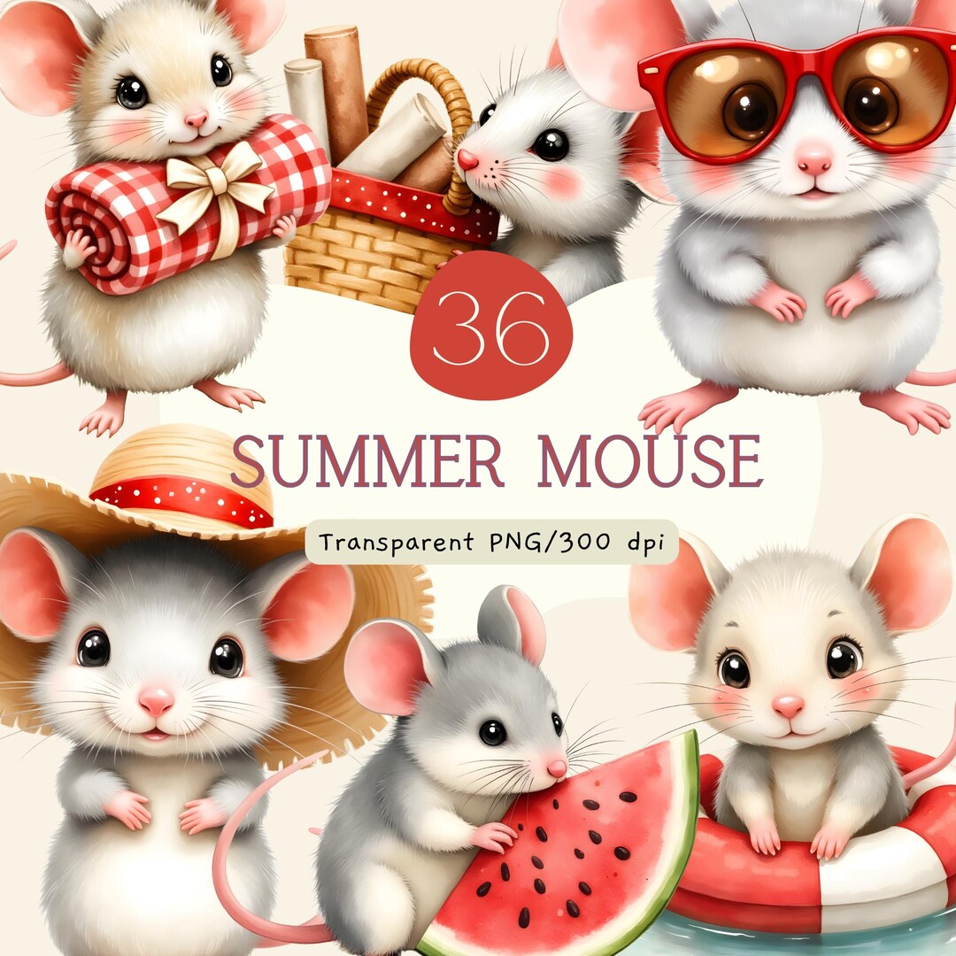 Summer Mouse Clipart, Watercolor Beach Animals, Kawaii Rodent Art (36 ...