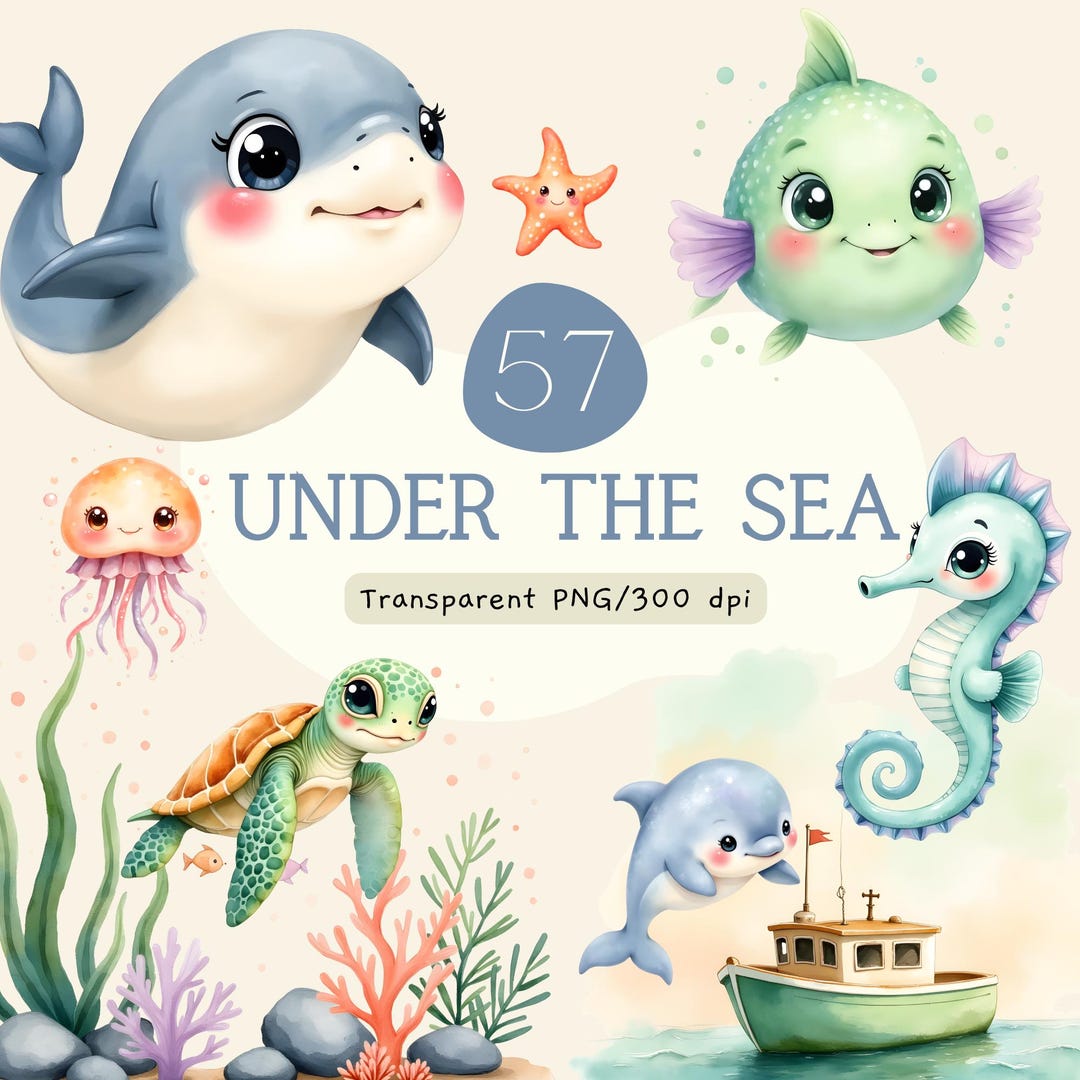 Watercolor Sea Animals Clipart, Ocean PNG Graphics (instant Download ...