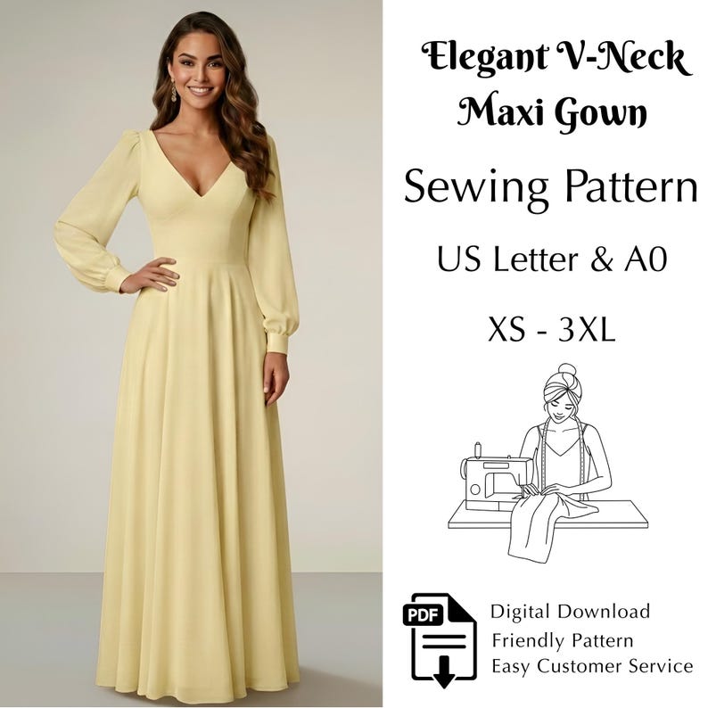 Elegant V-neck Maxi Gown Sewing Pattern, Long Sleeve Dress PDF, US ...