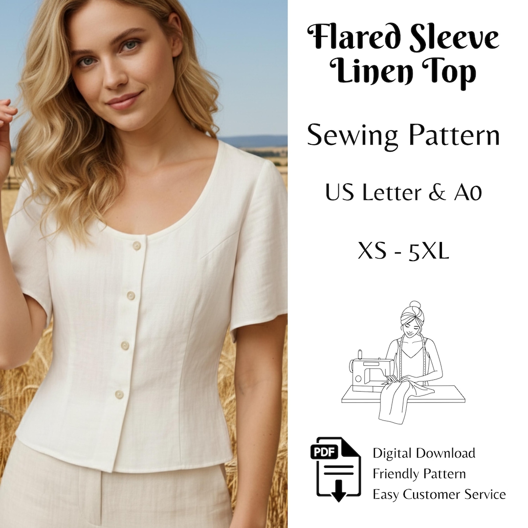 Women's Flared Sleeve Linen Top Pattern, Linen Shirt Sewing, Easy ...