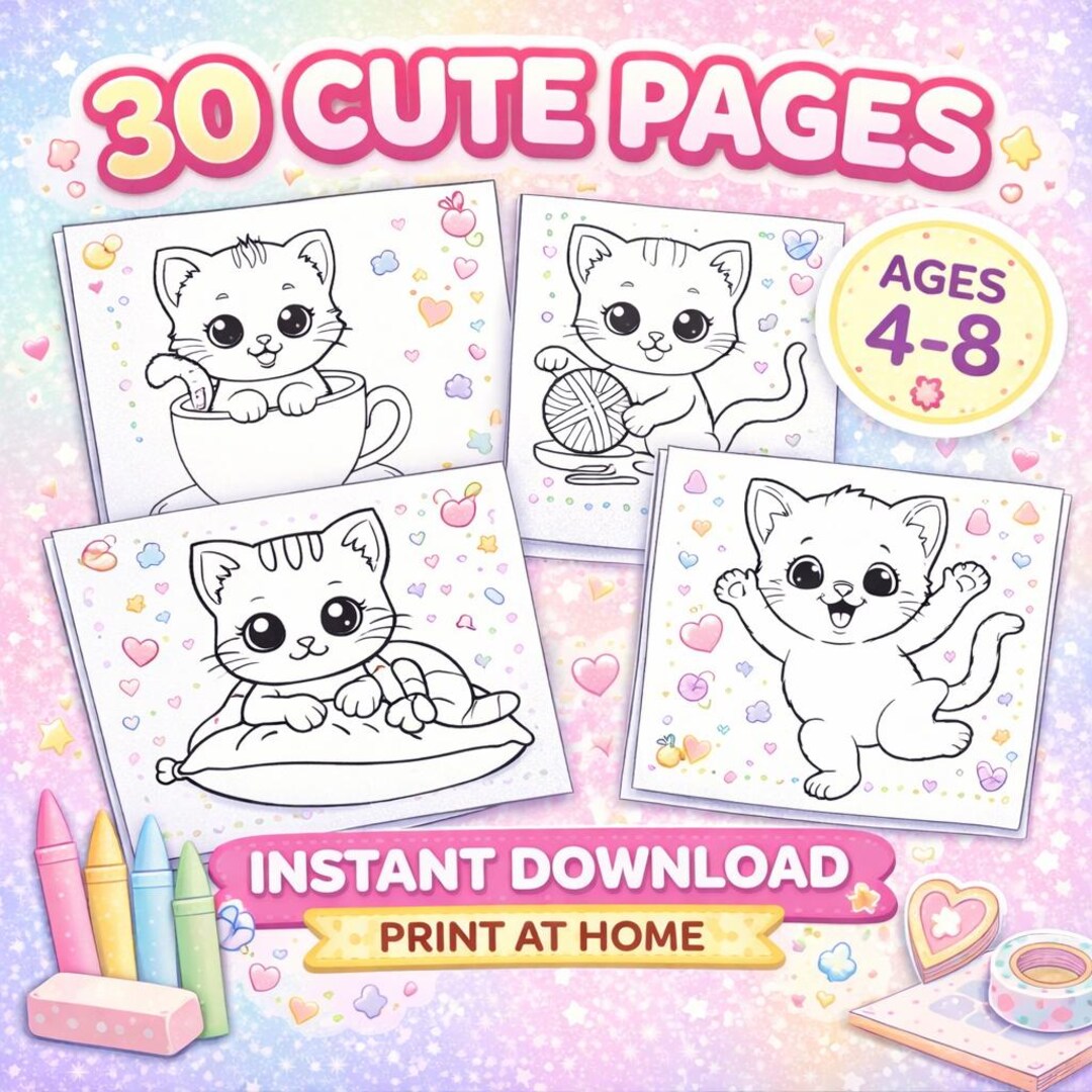 Cute Kawaii Cat Coloring Book PDF for Kids 4-8 – 30 Easy Coloring Pages ...