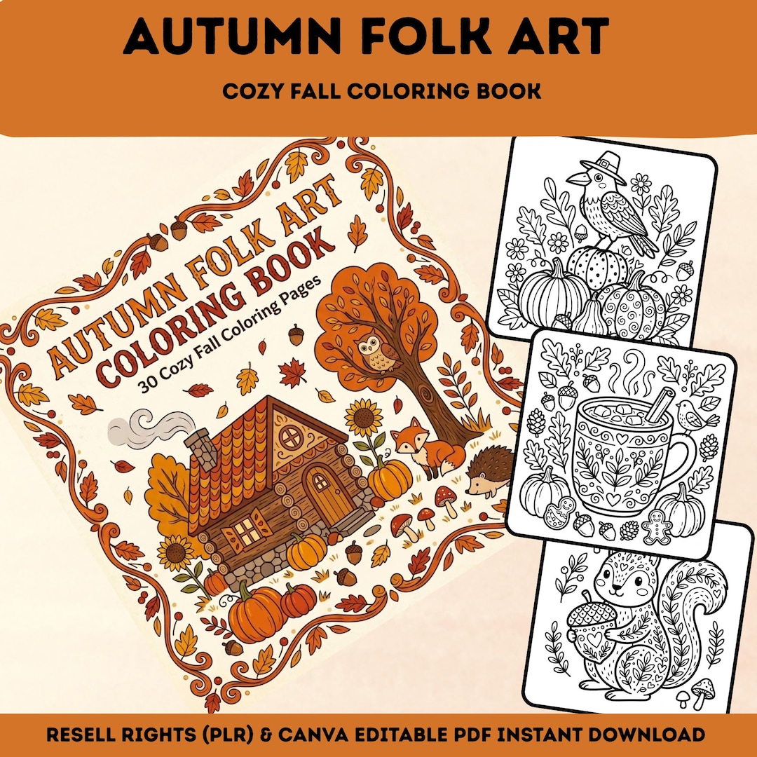 Autumn Folk Art Coloring Book | 30 Printable Fall Pages | Digital ...