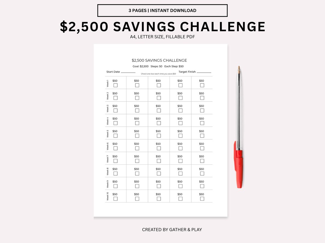 2500 Savings Challenge Printable, 50 Step Money Saving Tracker, Budget ...