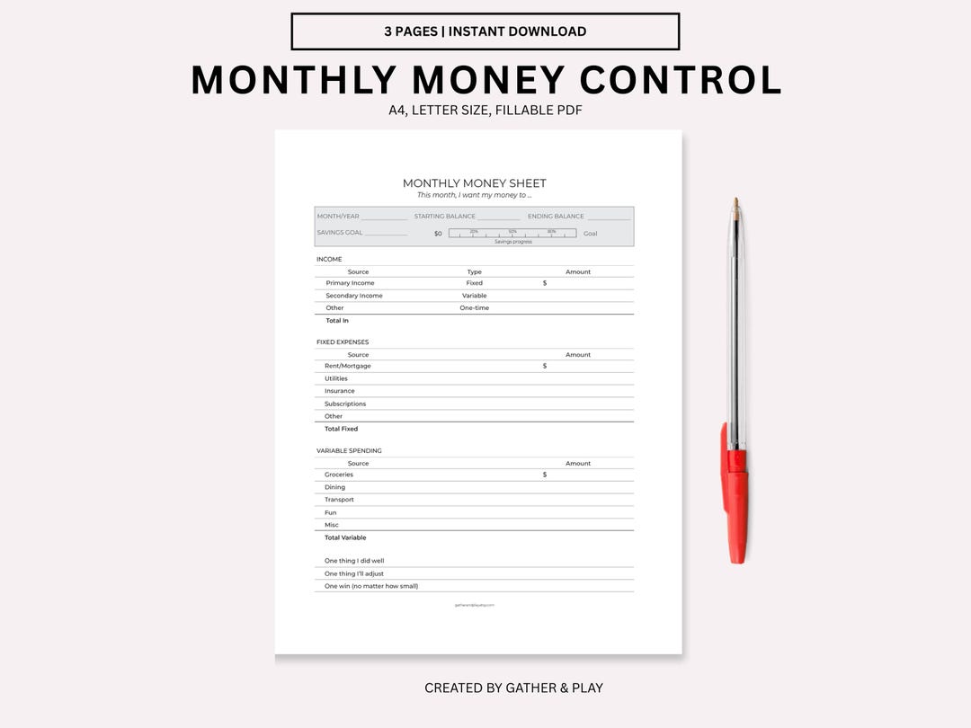 Monthly Money Control Printable and Simple Budget Worksheet, Fillable ...