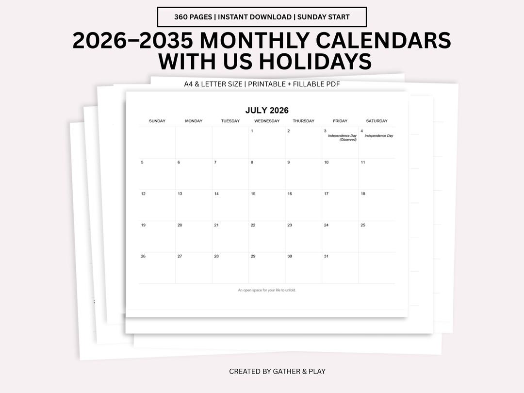 2026–2035 Monthly Calendar Printable With U.S. Holidays, A4, Letter ...