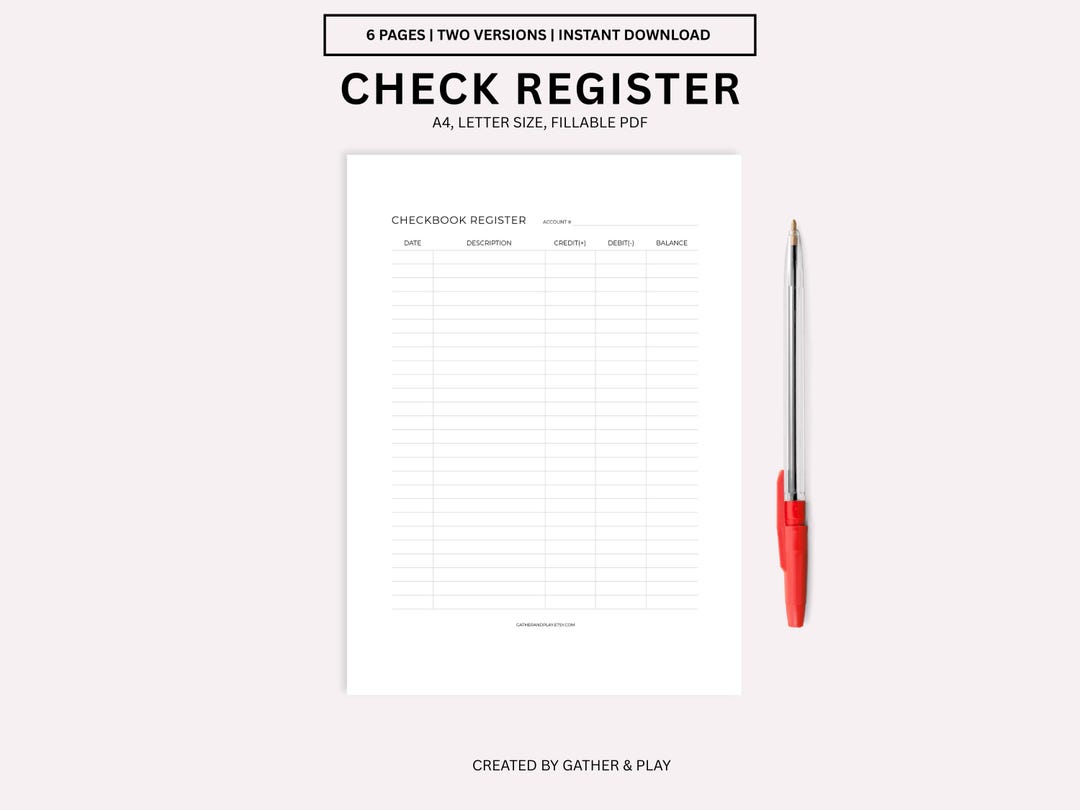Check Register Printable PDF, A4 and US Letter, Fillable PDF, Expense ...