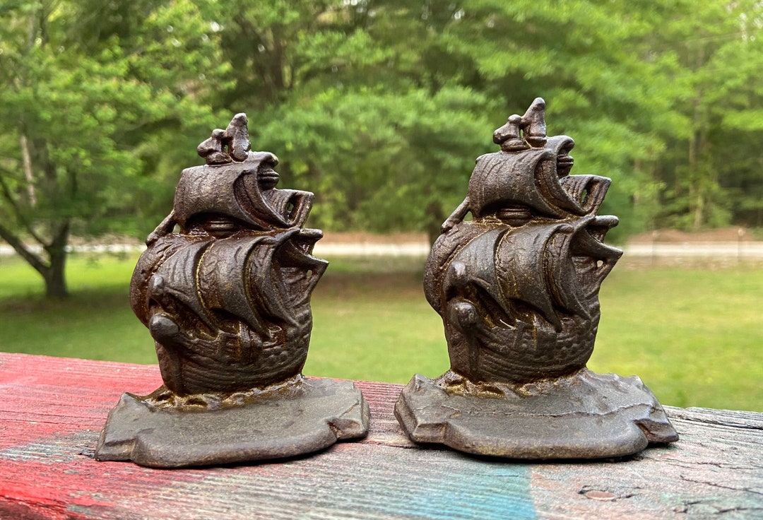 Cast Brass Sailing Ship Bookends Schooner Tarnished Brass Book Ends Mid ...