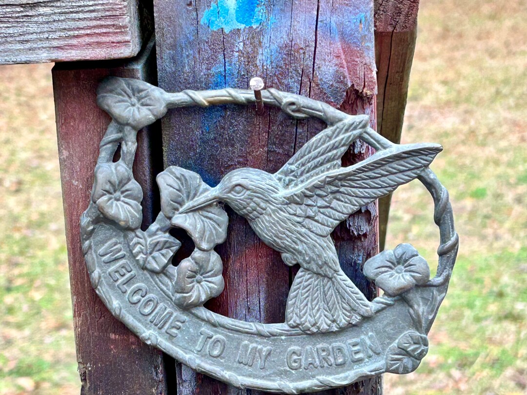 Cast Metal Welcome to My Garden Hummingbird Decorative Plaque Cottage ...