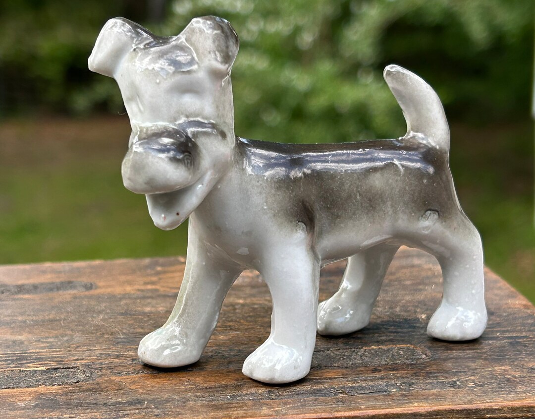 Such a Cutie Small Ceramic Dog Figurine White Black Grey Happy Puppy ...