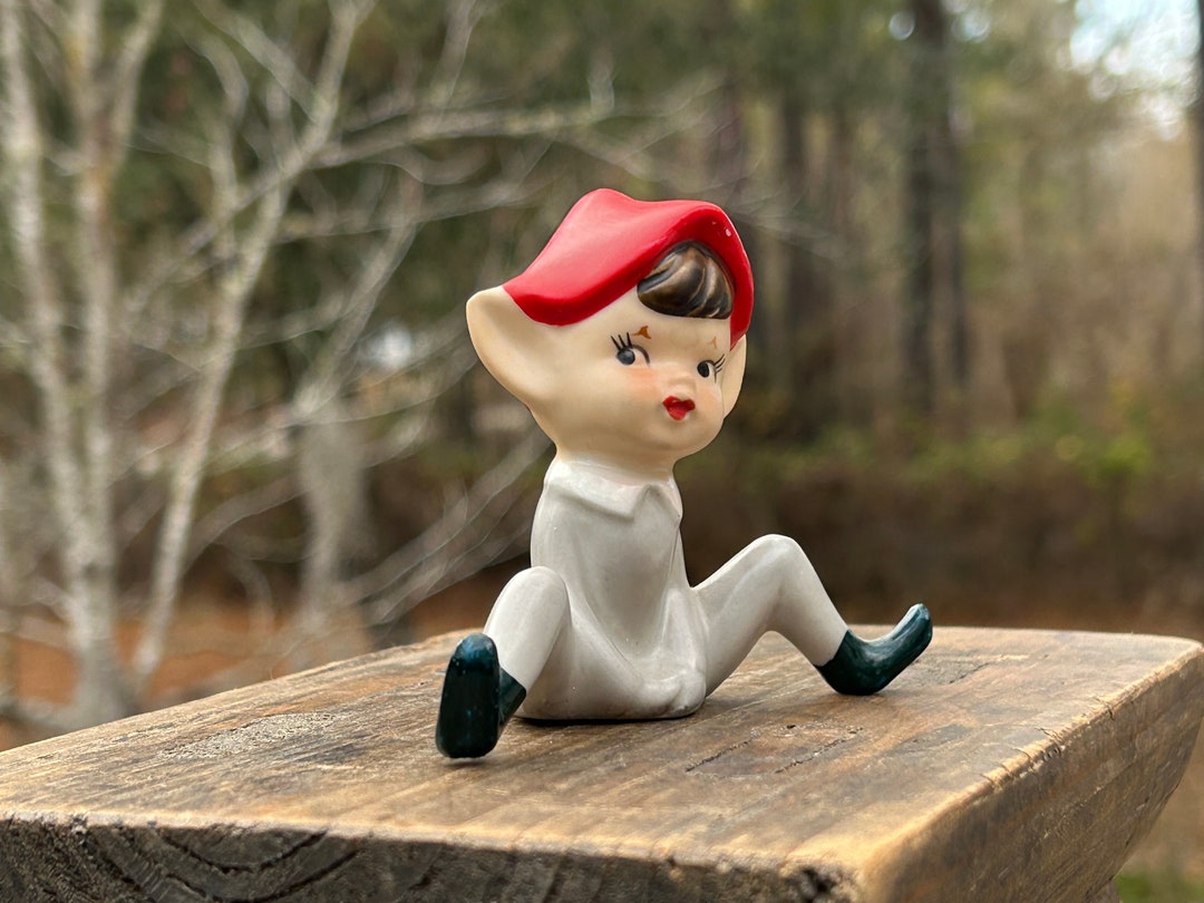 Cute Grey Pixie Figurine Sitting Elf Mid Century Fairy Garden Gnome ...