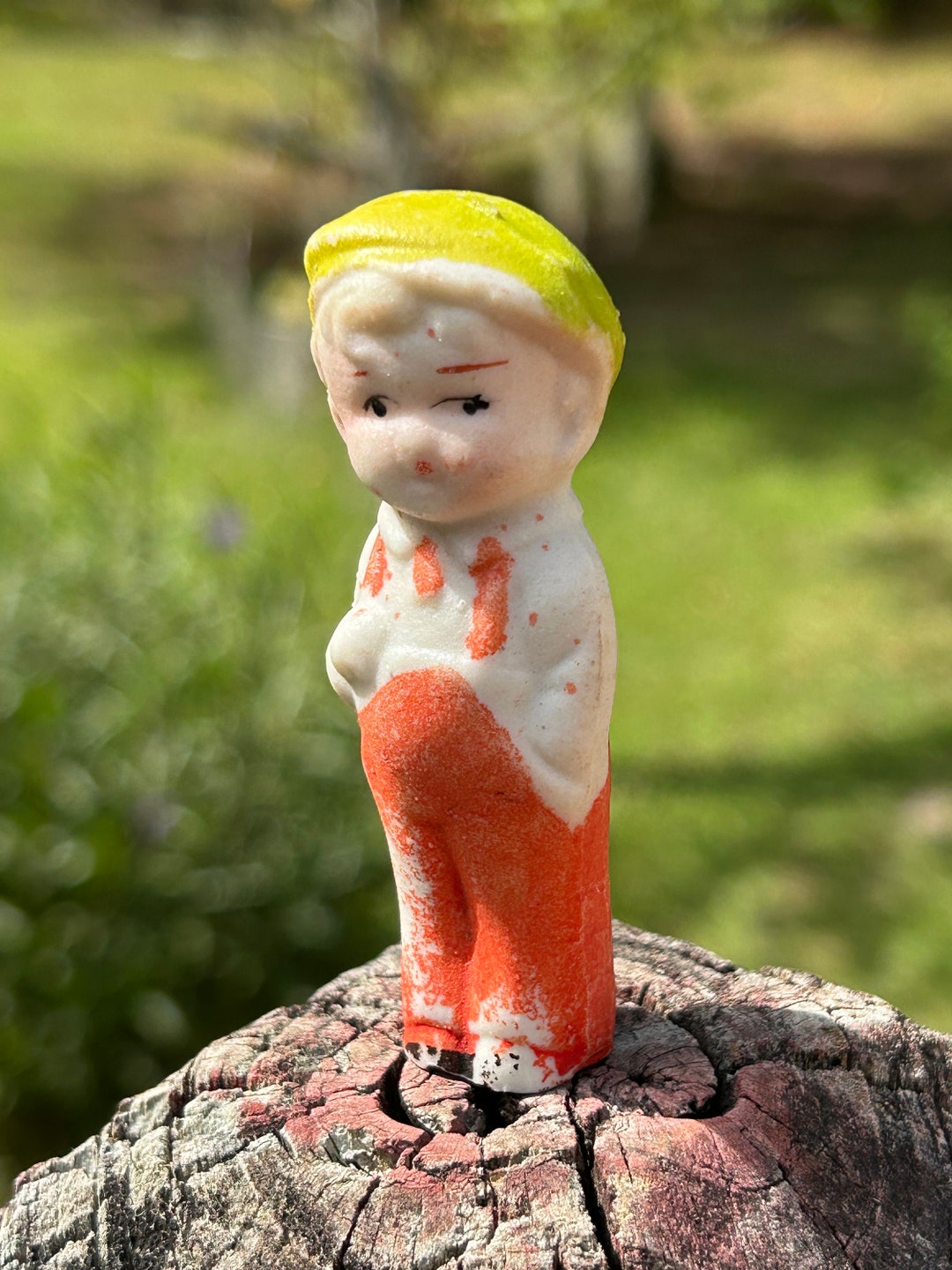 Bisque Boy Figurine Wearing Orange Overalls & Newsboy Cap What a Looker ...